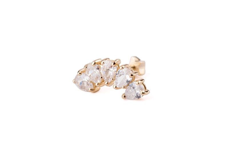 14K Solid Gold CZ Marquise Cluster Piercing, CZ Ear Climber Piercing ...