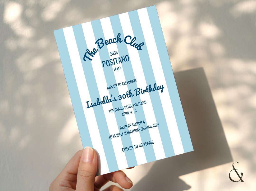 The Beach Club Blue Cabana Stripe 30th Birthday Invitation, Coastal ...