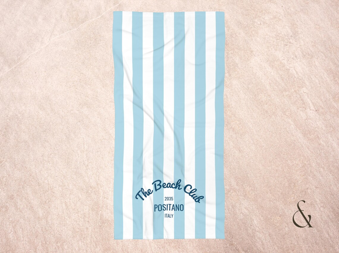 Custom Location the Beach Club Beach Towel - Cabana Stripe Beach Towel ...