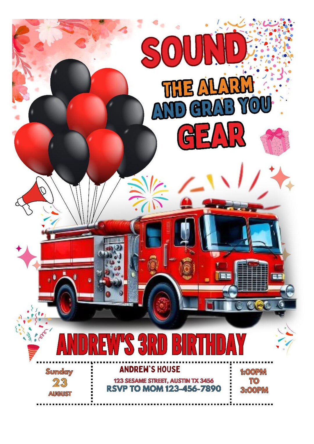 Editable Fire Truck Birthday Invitation | Firefighter Birthday Invite ...