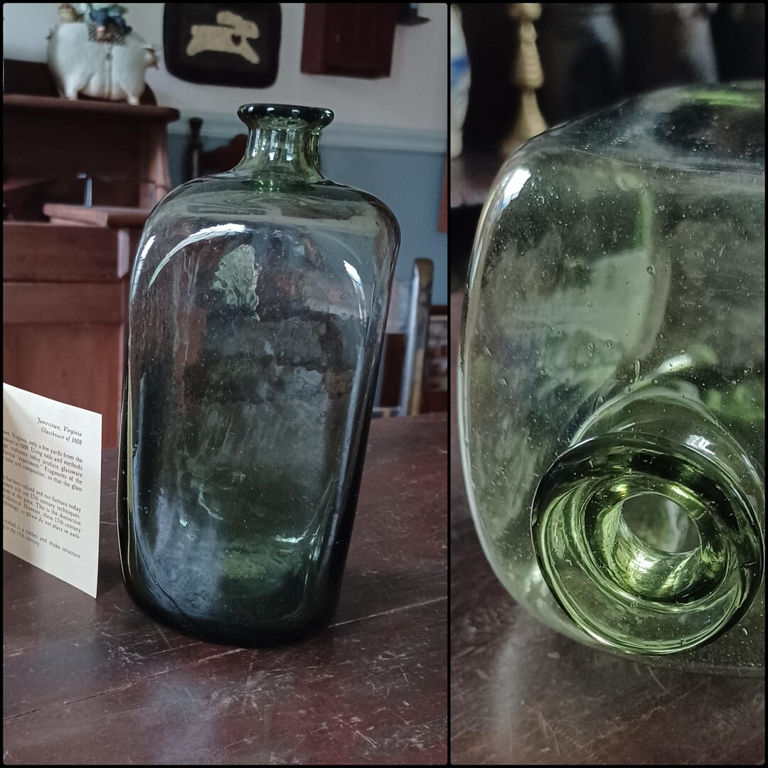 Jamestown Glass 90s Handmade Green Glass Hand Blown Square Case Bottle ...