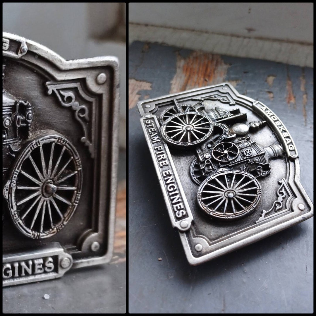 Vintage 80s Amoskeag Steam Fire Engines Silver Belt Buckle Brass ...