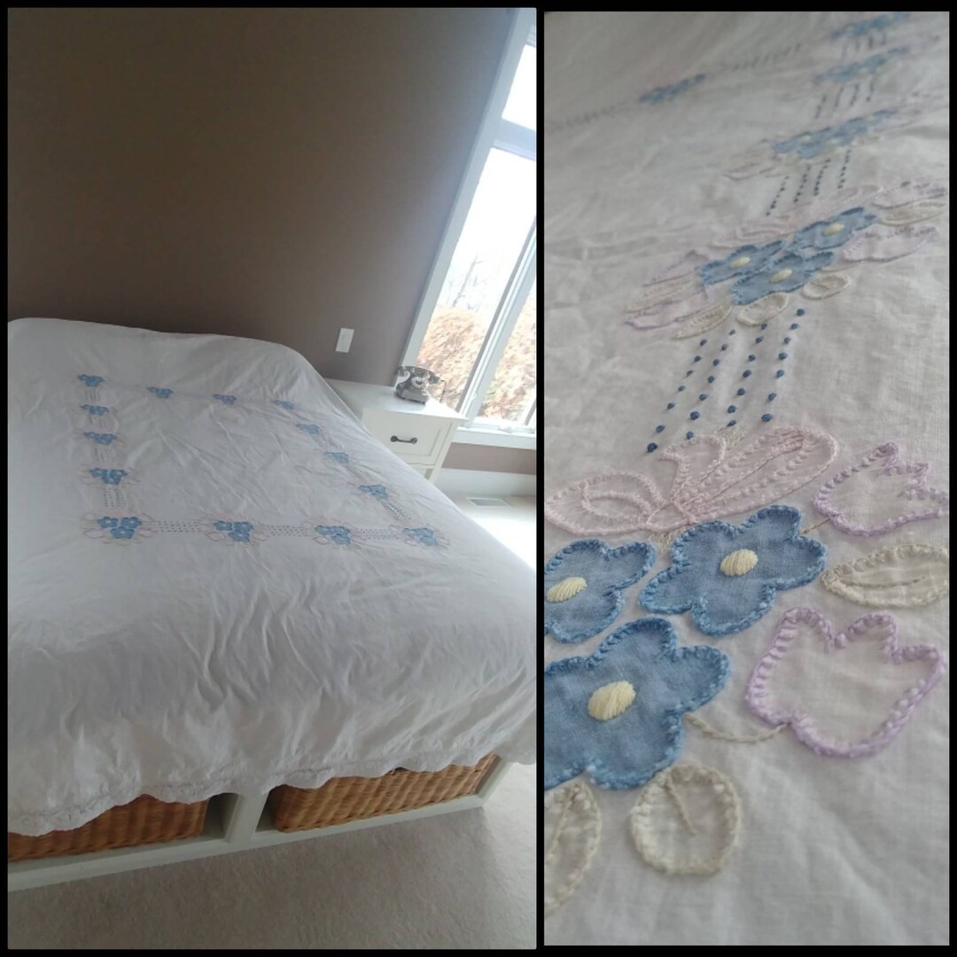 Vintage 40s Handmade Floral Embroidery Bed Coverlet - Etsy