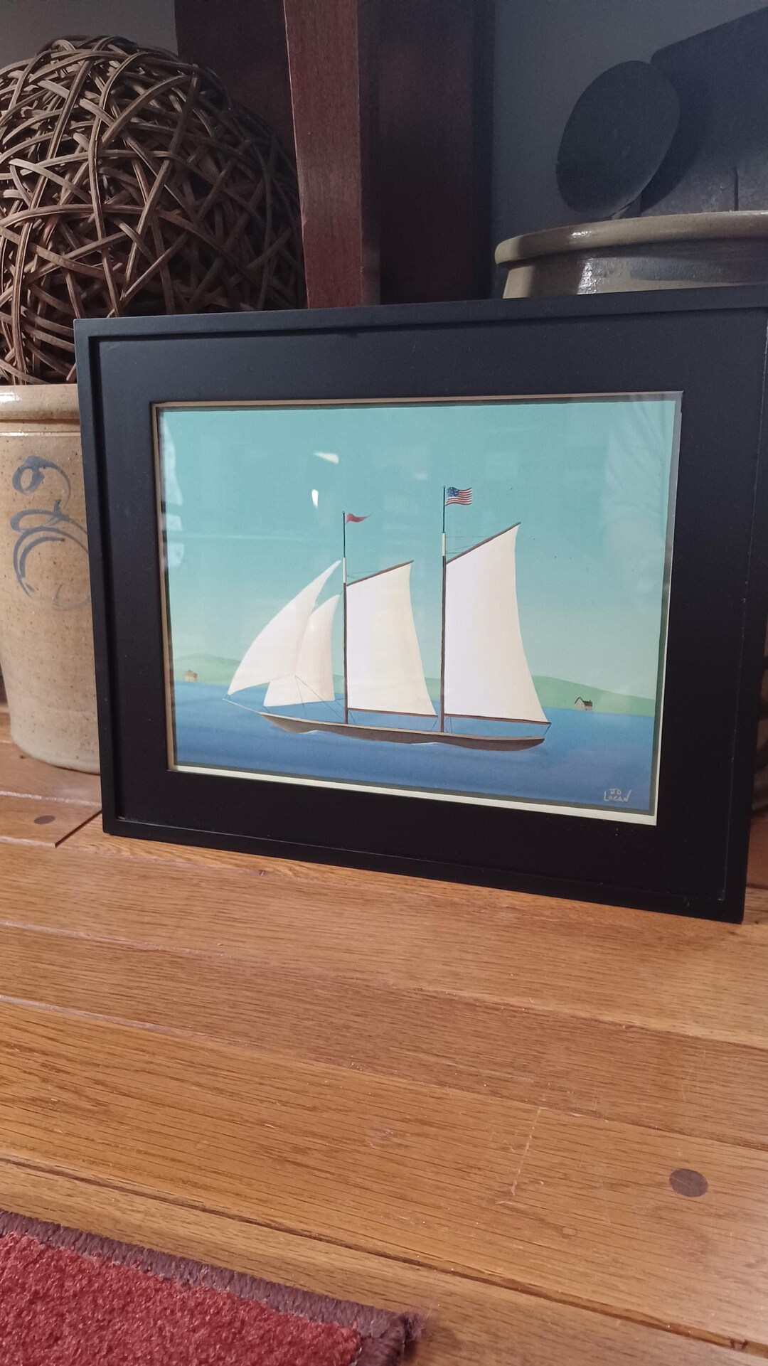 Framed Colonial Painting of Tall Ship American Flag Handmade Country ...