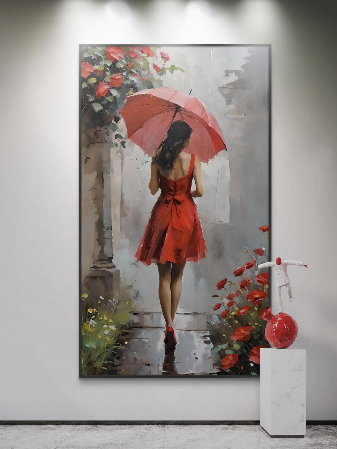 Lady in Red Dress Print: AI Oil Painting Style, Rainy Romance (digital ...