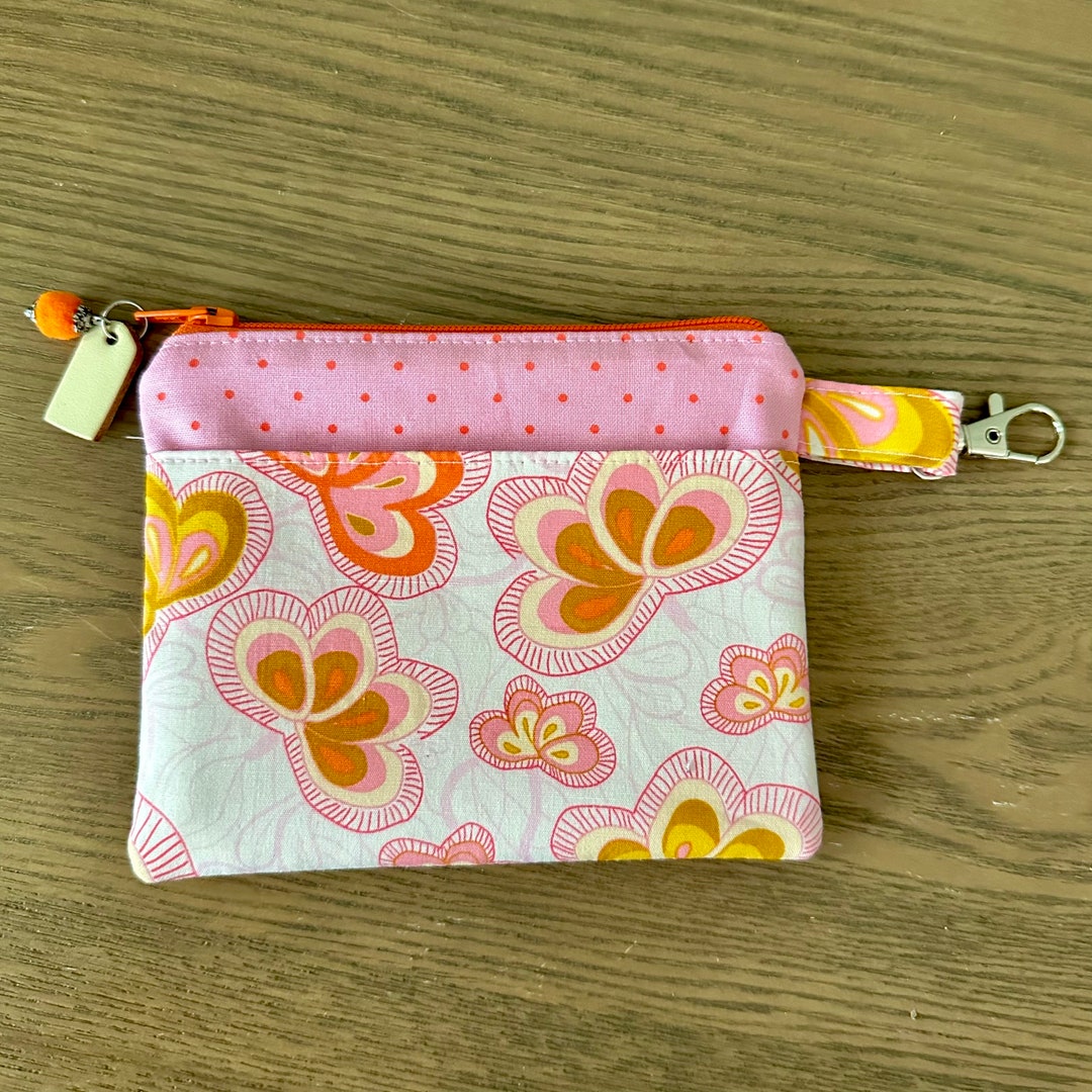 Pink and Orange Pouch / Cute Card Zipper Pouch / Key Chain Coin Purse ...
