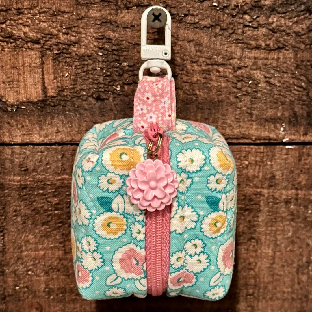 Aqua Floral Tiny Box Pouch / Mini Box Pouch / Quilted Pouch Keychain ...