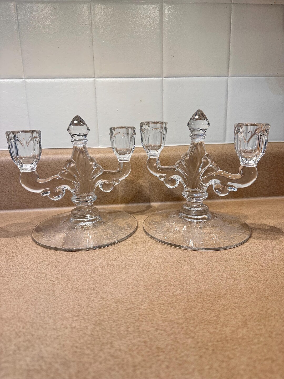 Vintage Heisey Etched Base Trident Candle Holders (2) - Etsy