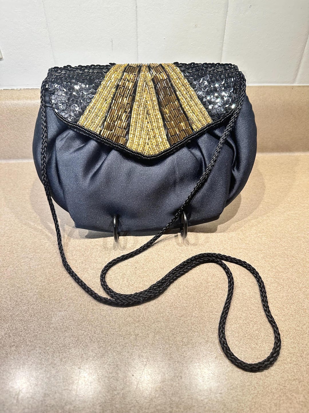 Vintage 80’s Black Satin Rayon Evening Bag - Etsy