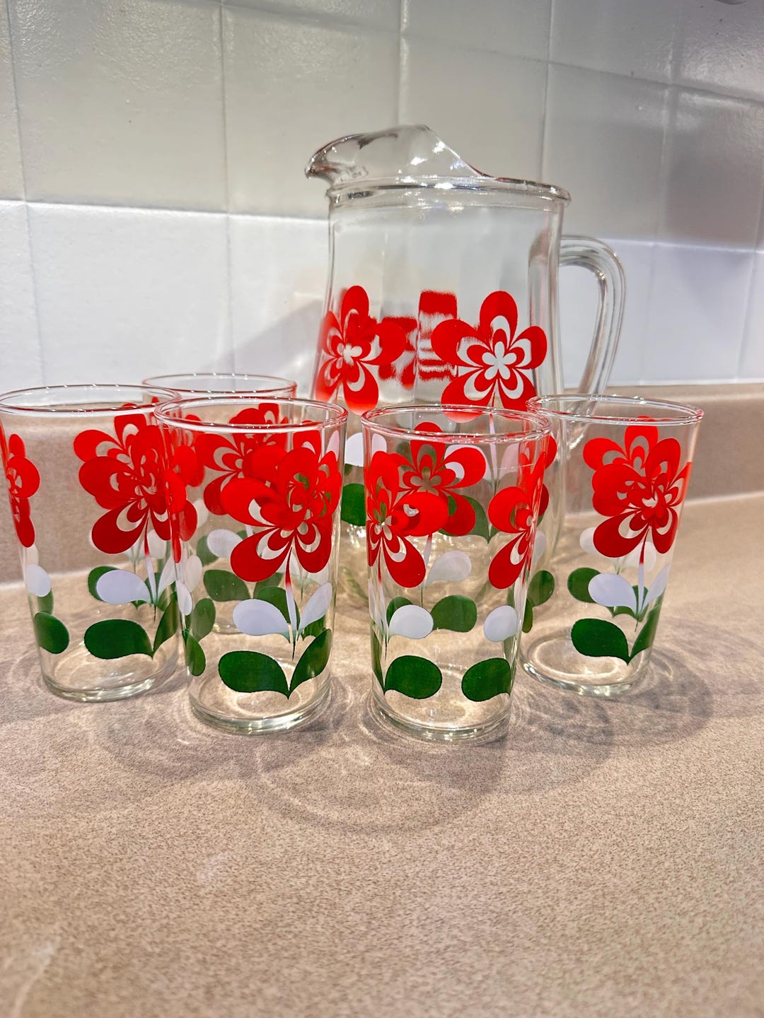 Vintage MCM Glass Pitcher and a Set of 5 Tumblers - Etsy
