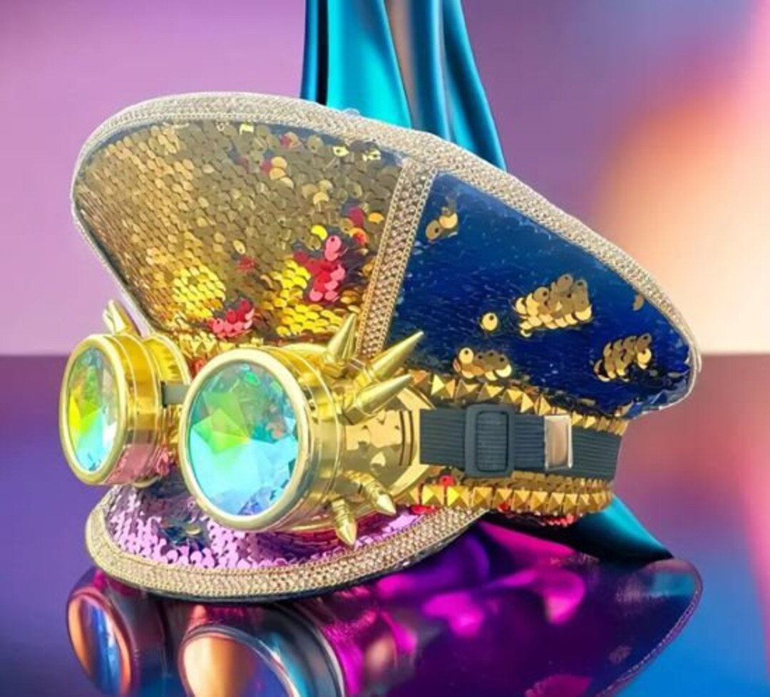 Steampunk Rave Captain Hat Reverse Sequines Prism Lense Spiked Goggles ...