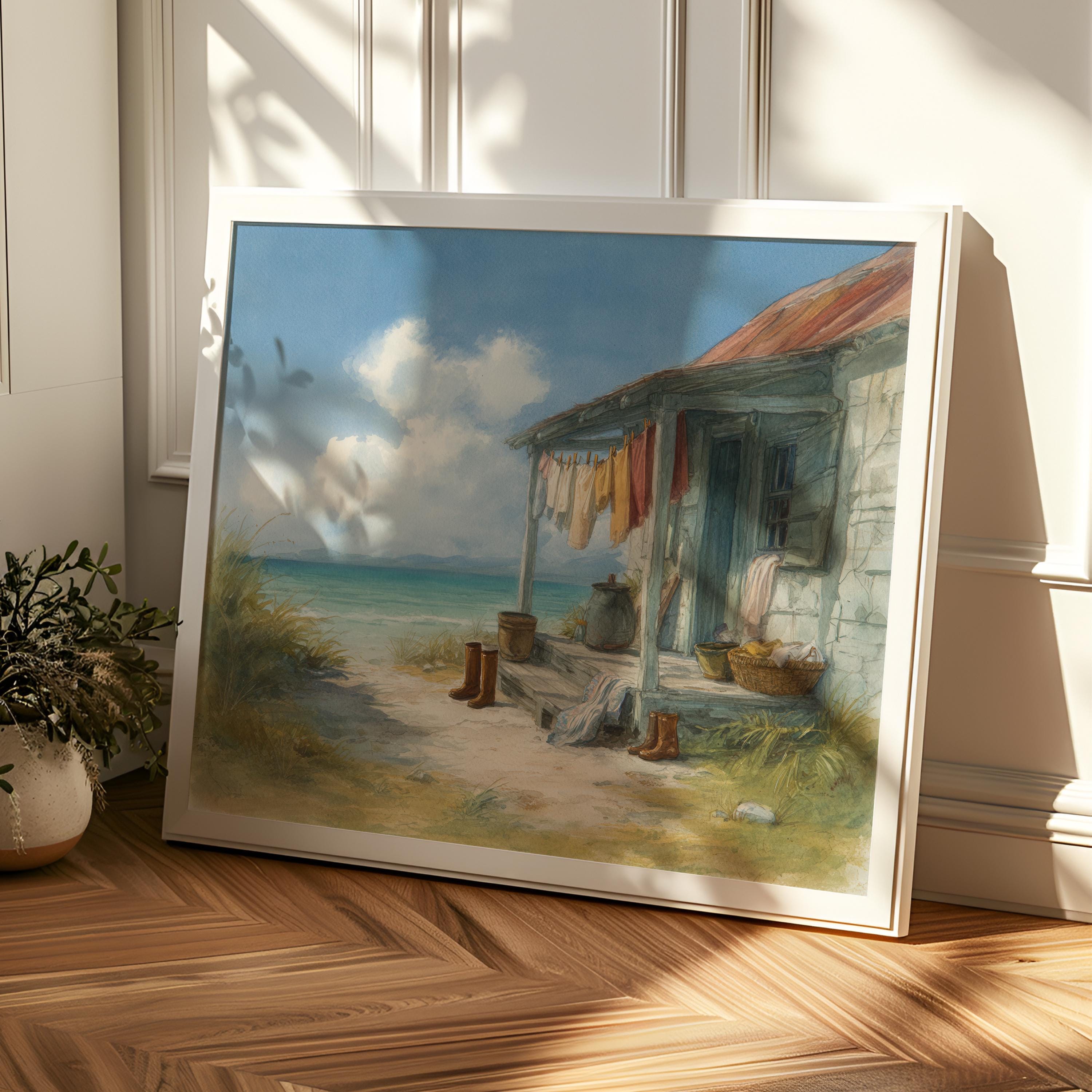 Coastal Cottage Clothesline Art - Rustic Seaside Painting, Printable ...