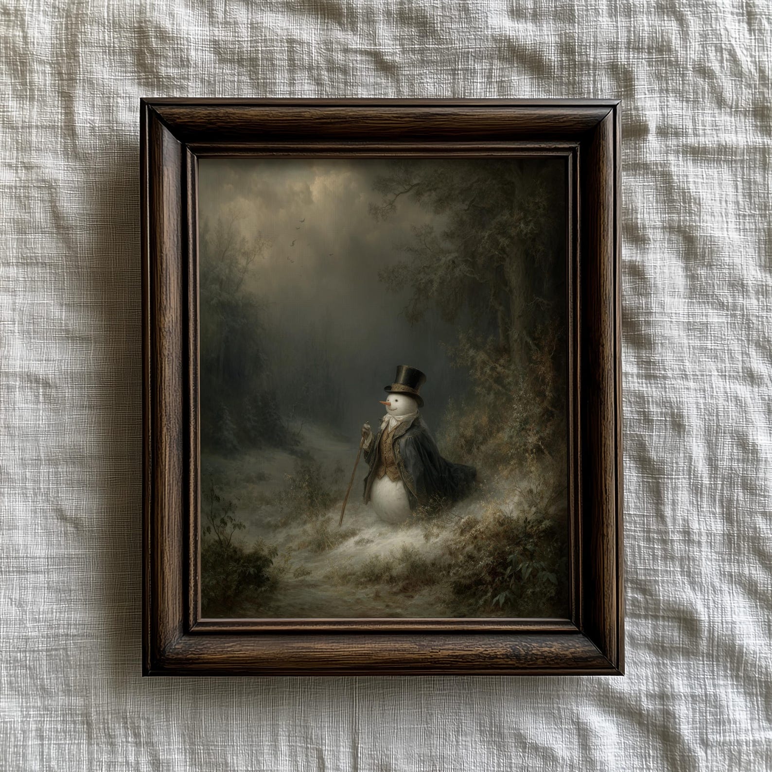 Moody Vintage Snowman in Winter Forest - Rustic Print, Timeless Winter ...