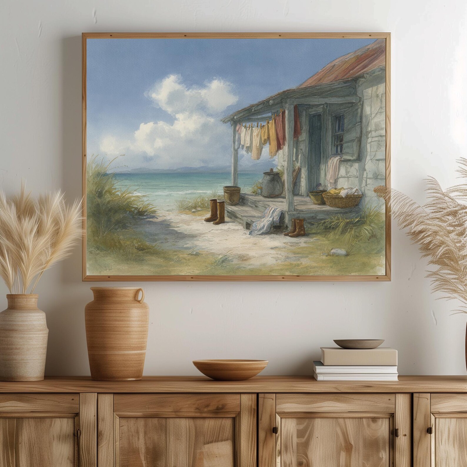 Coastal Cottage Clothesline Art - Rustic Seaside Painting, Printable ...