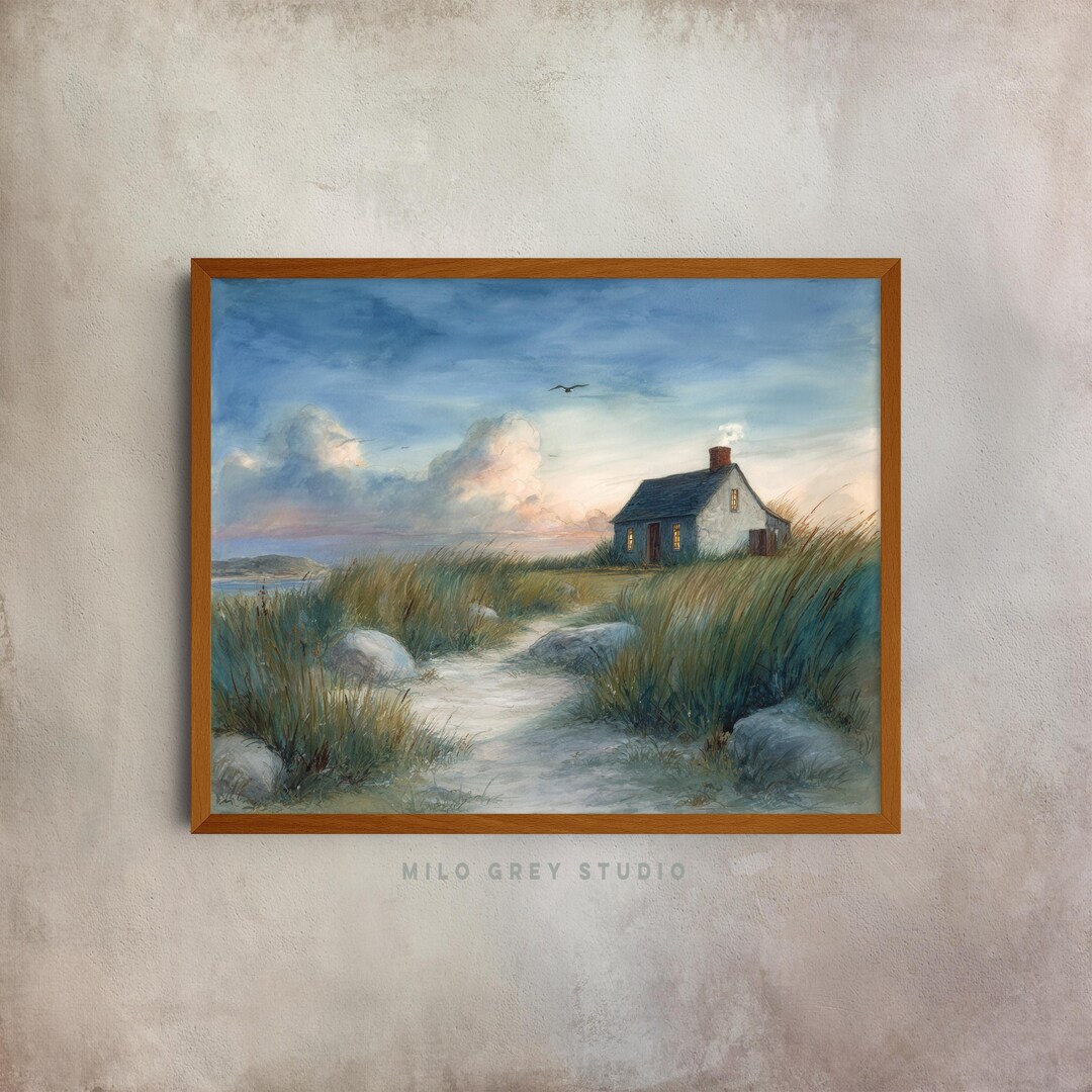 Coastal Cottage Landscape Painting, Moody Seaside Farmhouse Art ...