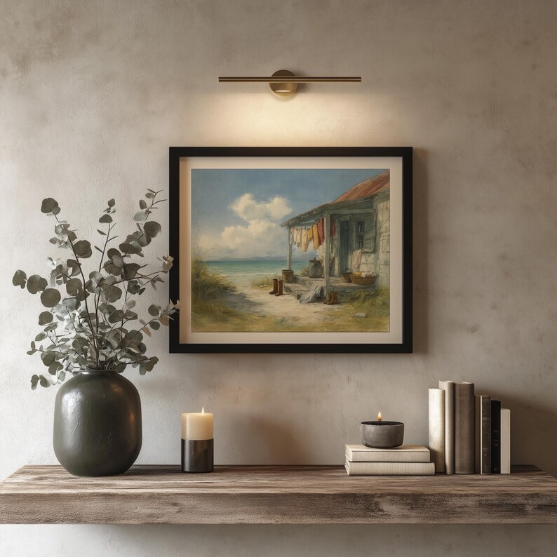 Coastal Cottage Clothesline Art - Rustic Seaside Painting, Printable ...