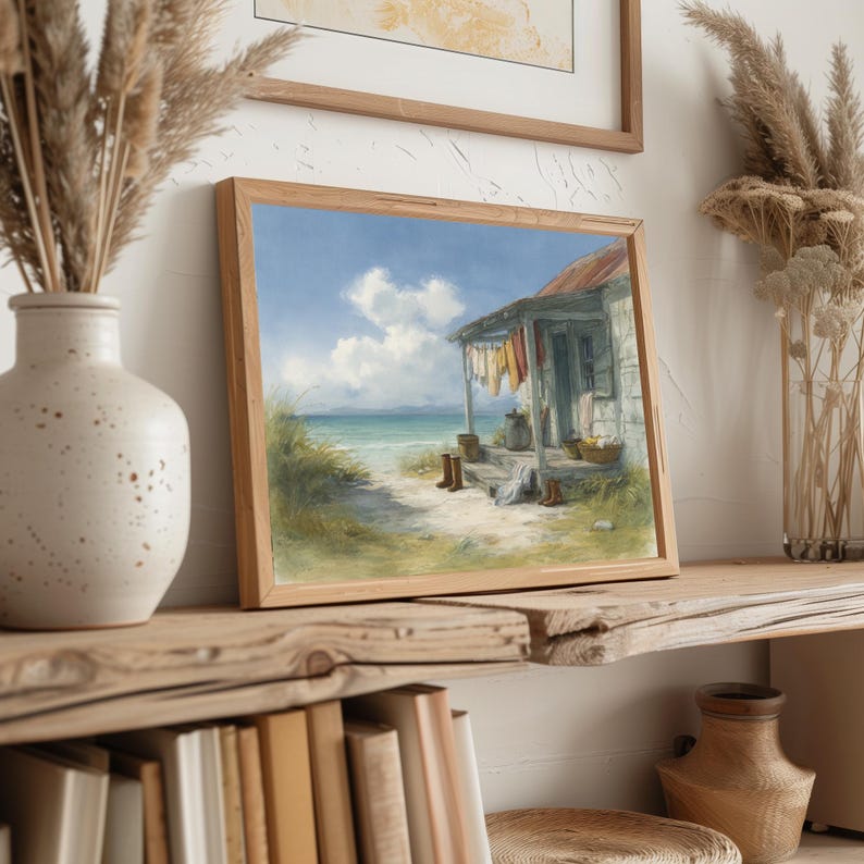 Coastal Cottage Clothesline Art - Rustic Seaside Painting, Printable ...