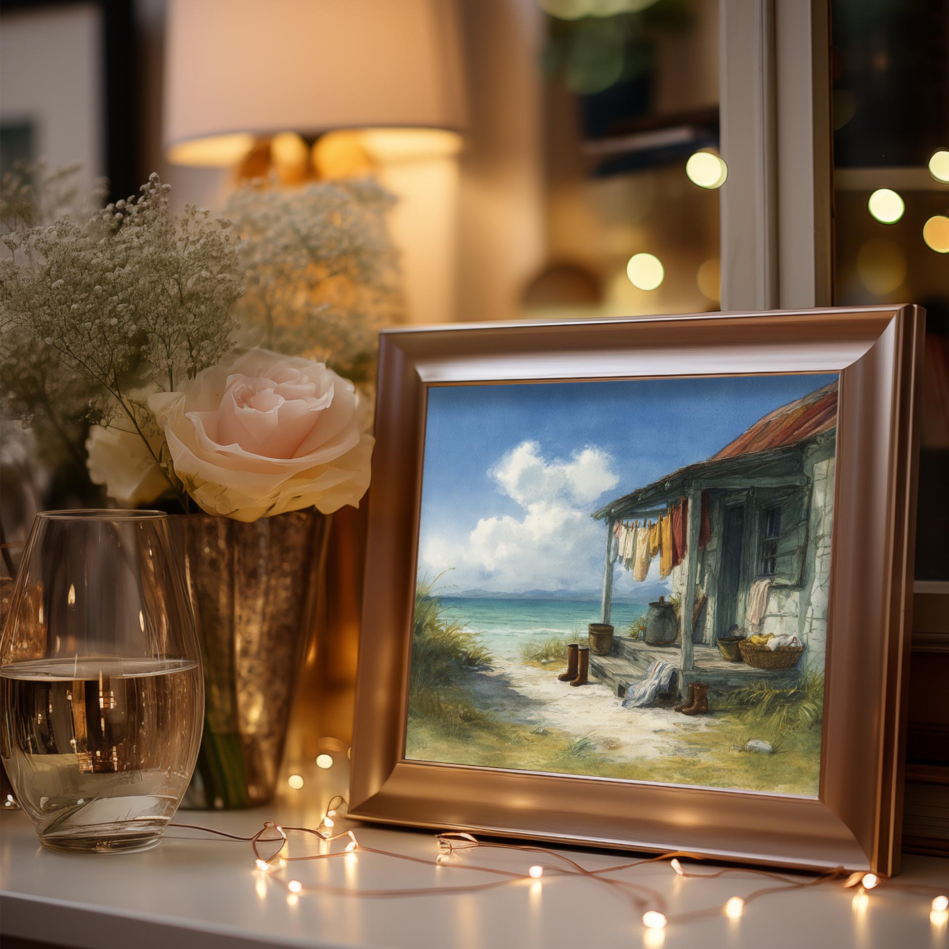 Coastal Cottage Clothesline Art - Rustic Seaside Painting, Printable ...