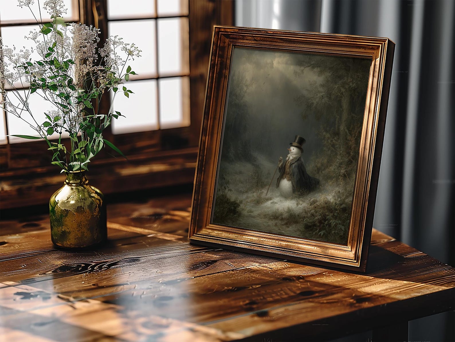 Victorian Snowman Painting in Winter Forest, Classic Art Scene (digital ...