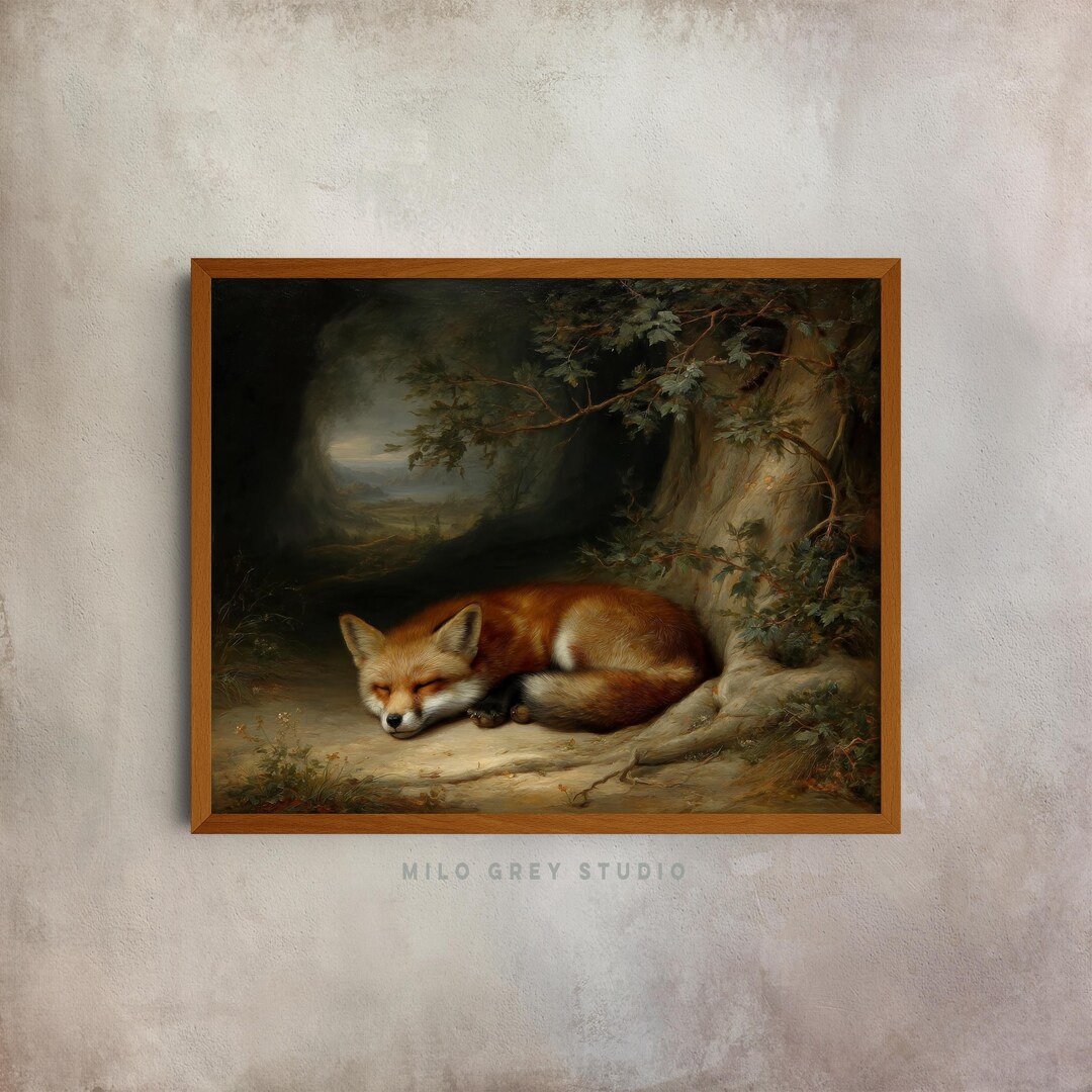 Rustic Red Fox Sleeping Painting - Moody Winter Animal Art, Cottagecore ...