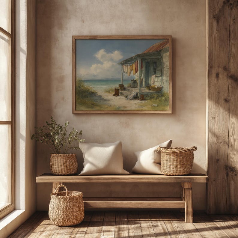 Coastal Cottage Clothesline Art - Rustic Seaside Painting, Printable ...