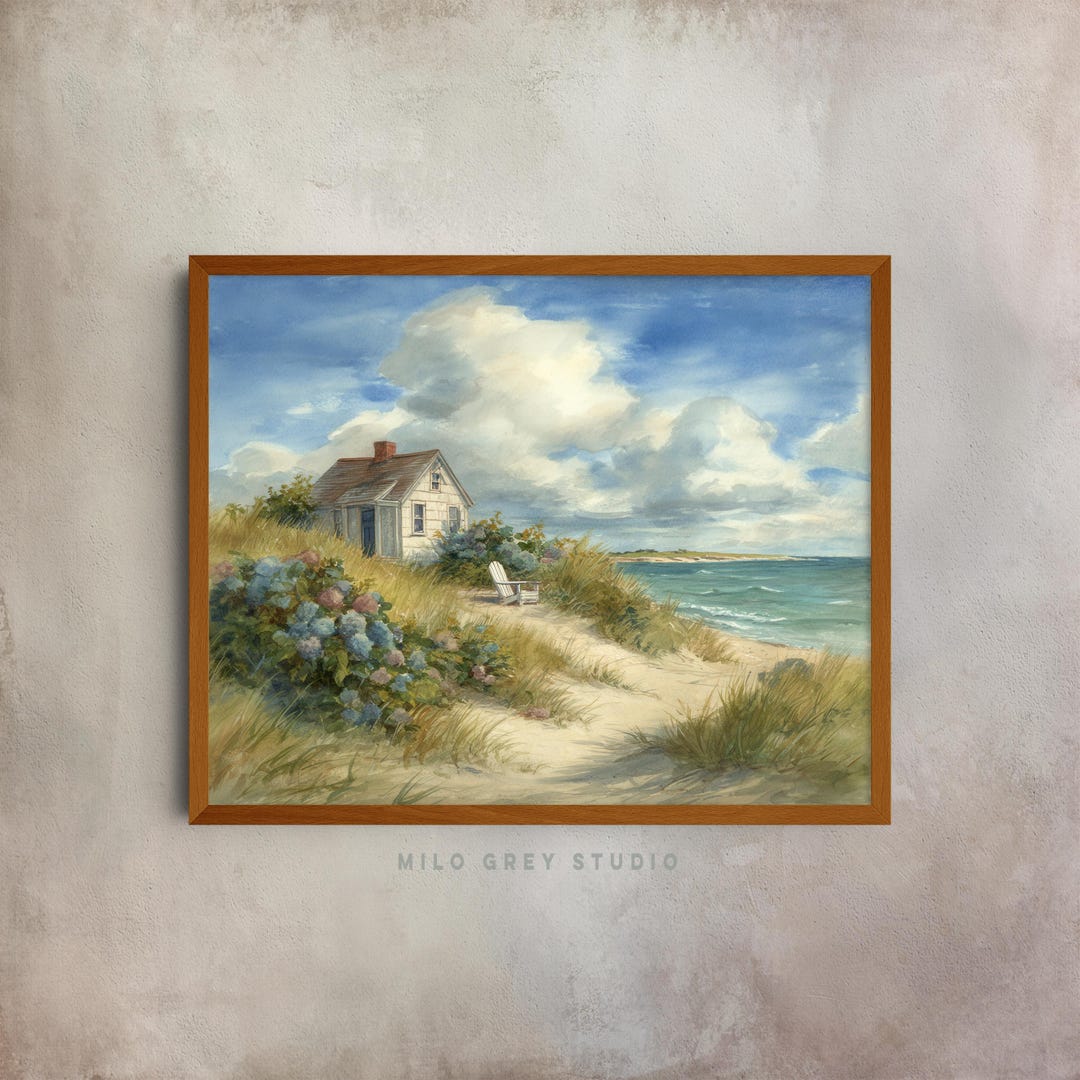Cottage by the Sea Landscape, Coastal Watercolor Beach Art, Serene ...
