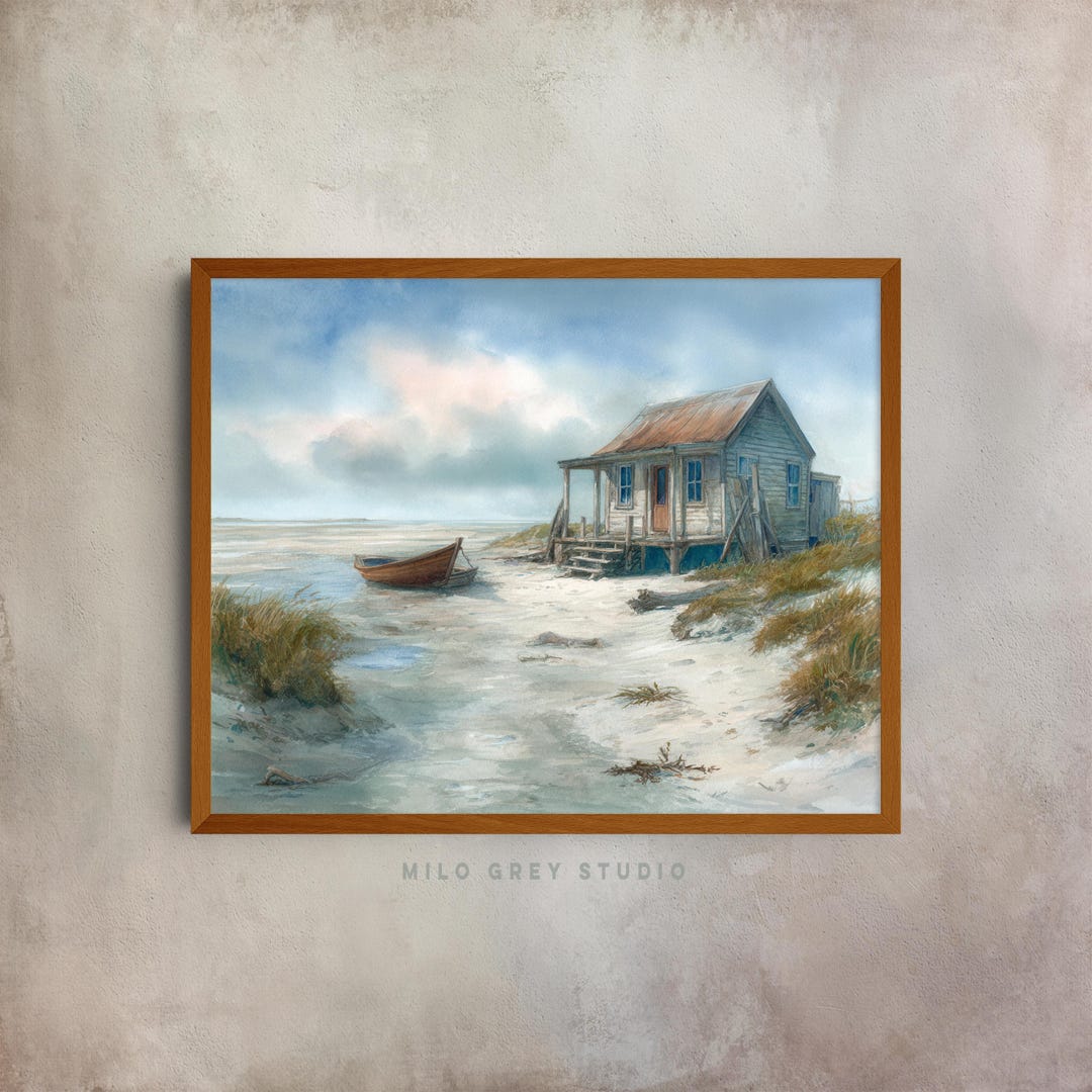 Coastal Seaside Shack Watercolor, Vintage Nautical Beach Cabin Artwork ...