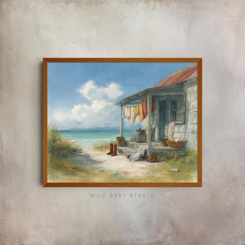 Coastal Cottage Clothesline Art - Rustic Seaside Painting, Printable ...