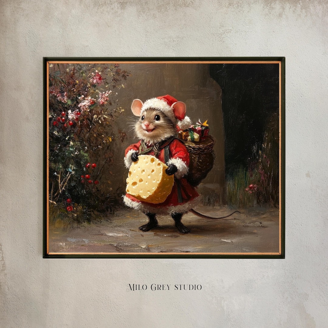 Printable Santa Mouse Christmas Art - Vintage Holiday Decor, Nostalgic ...