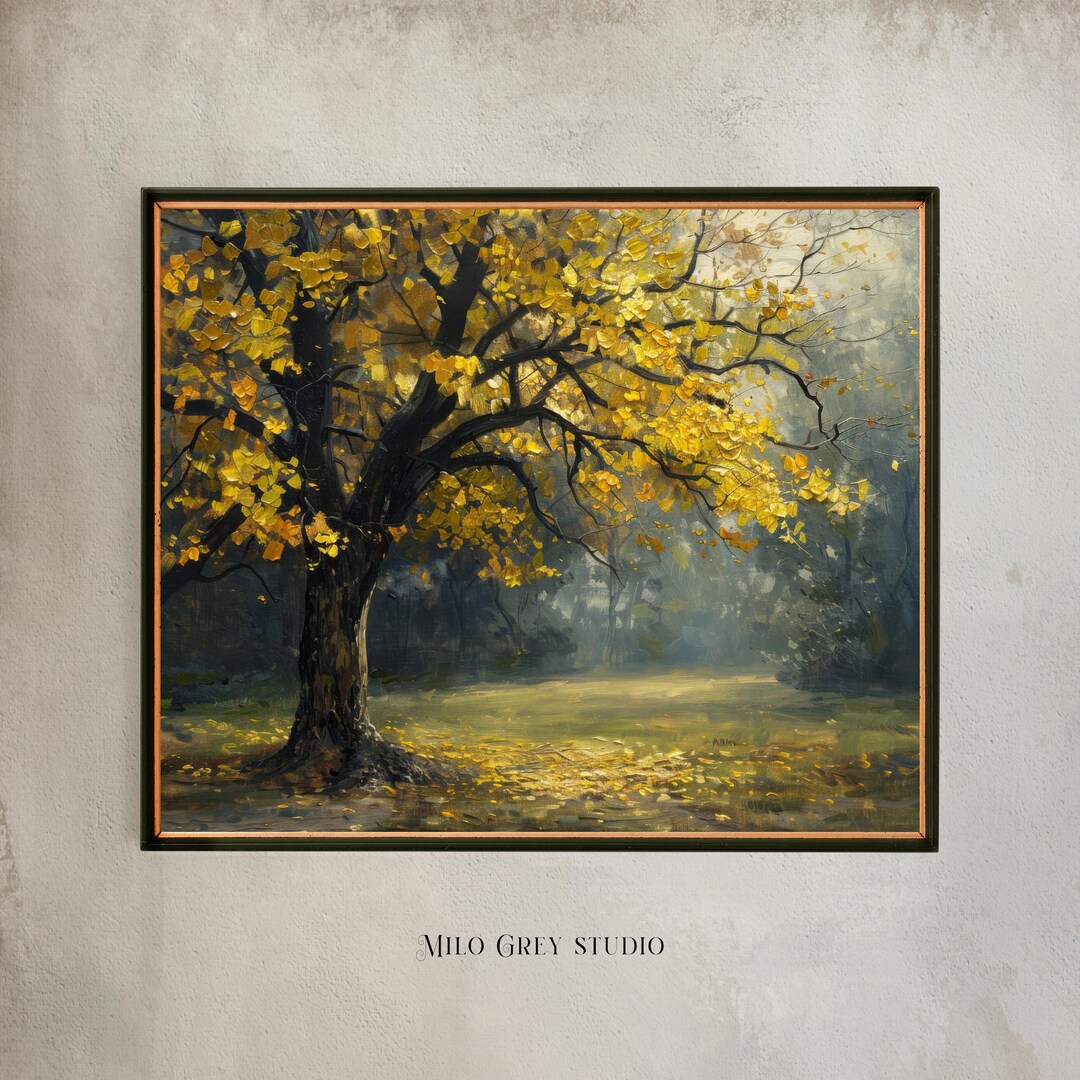 Vintage Autumn Landscape Painting - Printable Oil Painting, Rustic Tree ...
