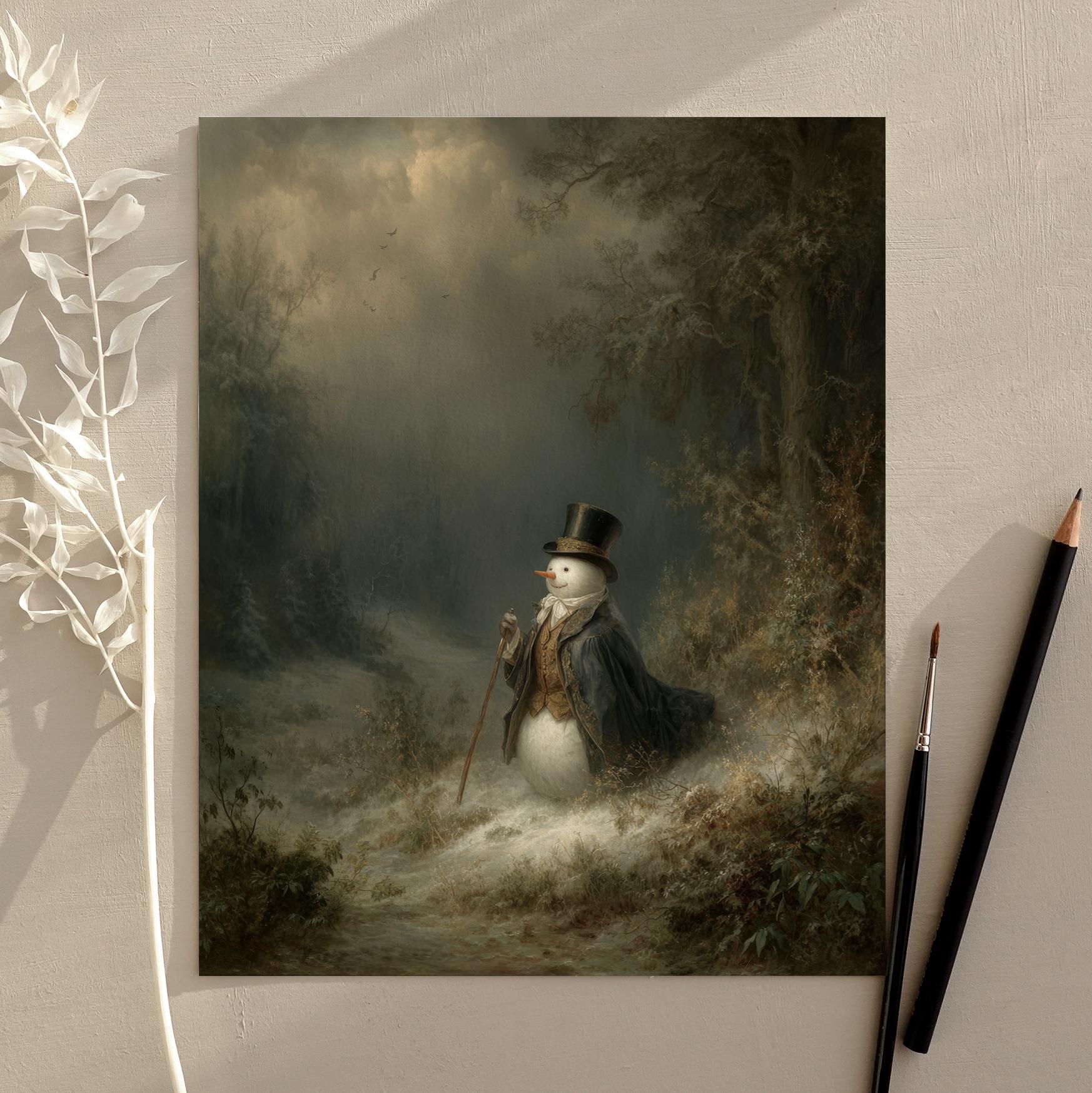 Victorian Snowman Painting in Winter Forest, Classic Art Scene (digital ...
