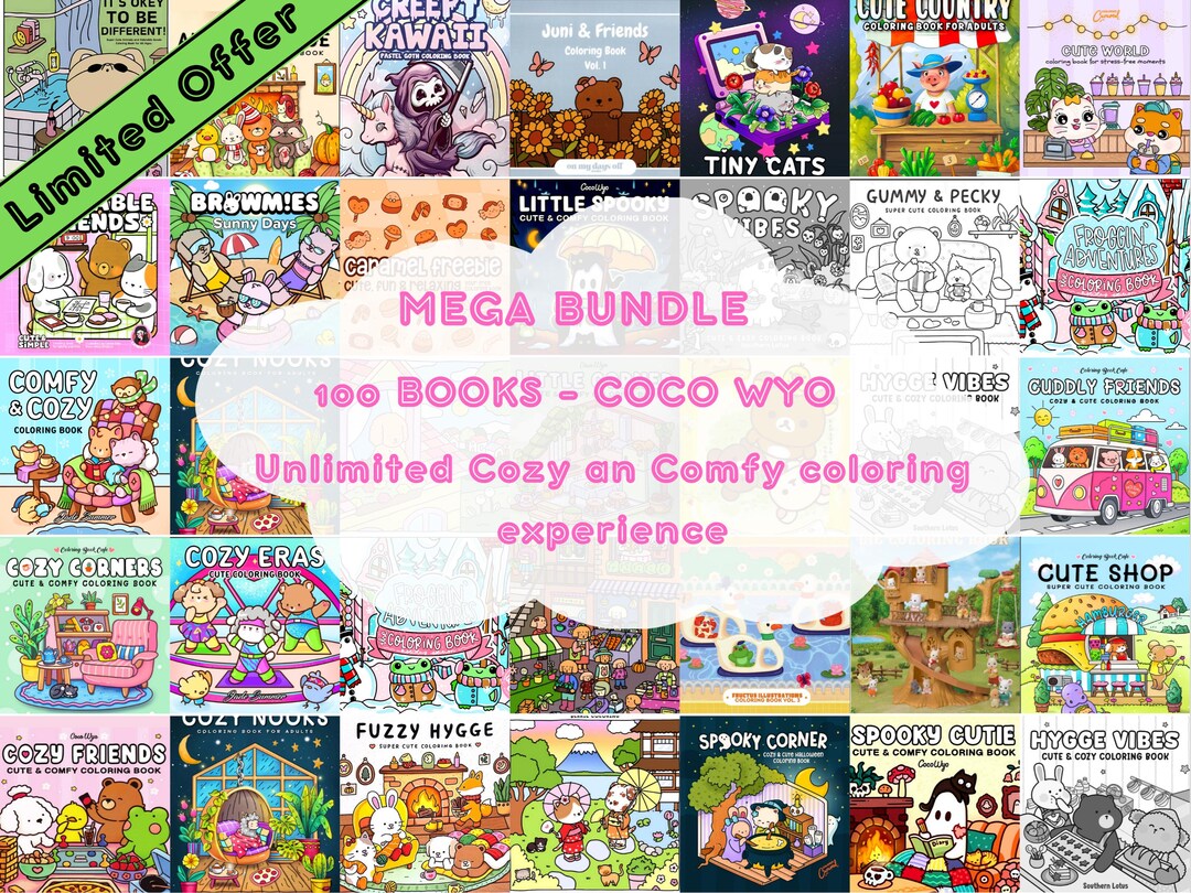Mega Coloring Book Bundle | 100 Digital Cute Cozy Books | Kids & Adults ...