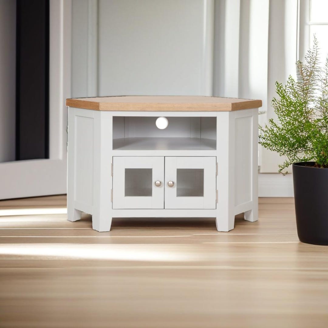 Anubhuti French Grey Corner Glazed TV Unit – Rustic Oak Top With ...