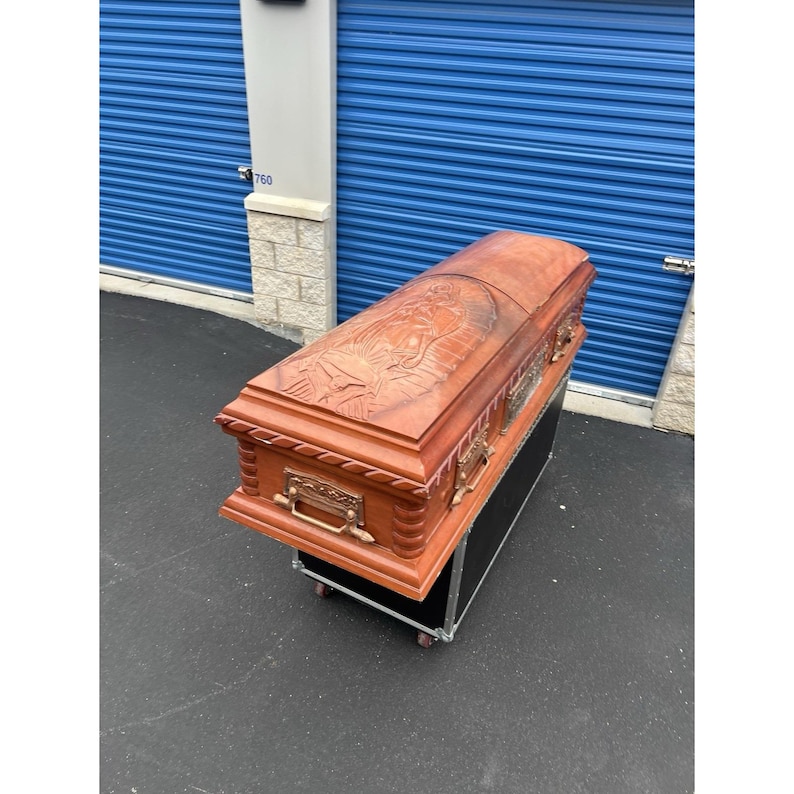 Full Size Wood Carved Mary Casket Featuring Last Supper Embellishments ...