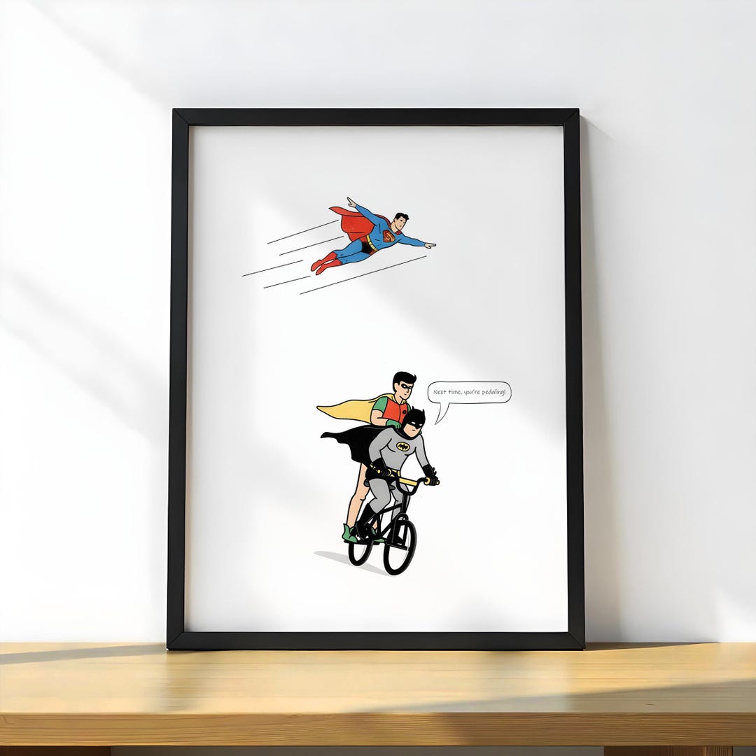 Superhero Poster, Batman & Robin Bike With Flying Superman Digital ...