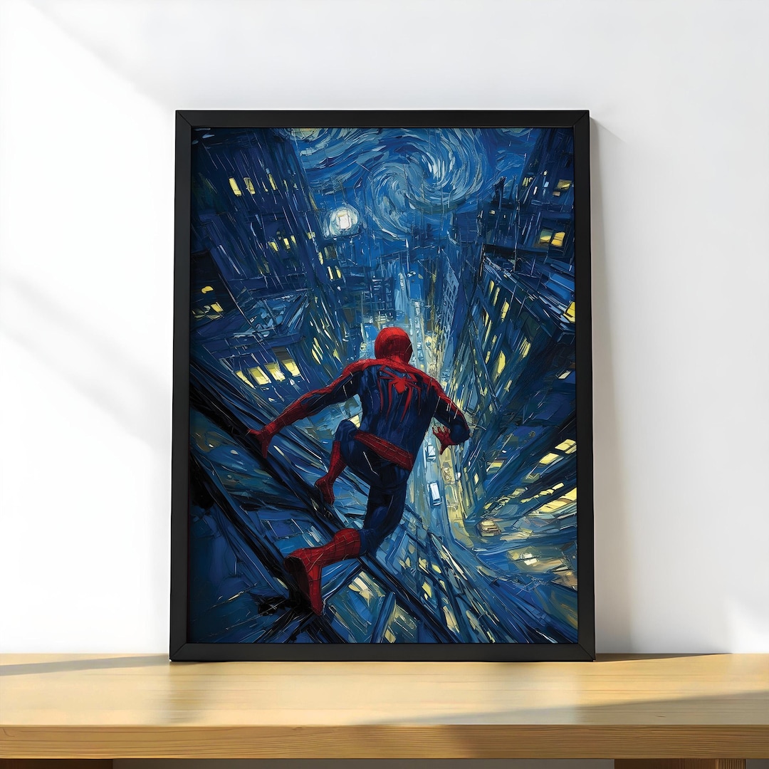 Spider Man Starry Night Poster, Web Slinger Cityscape Wall Art, Dynamic ...
