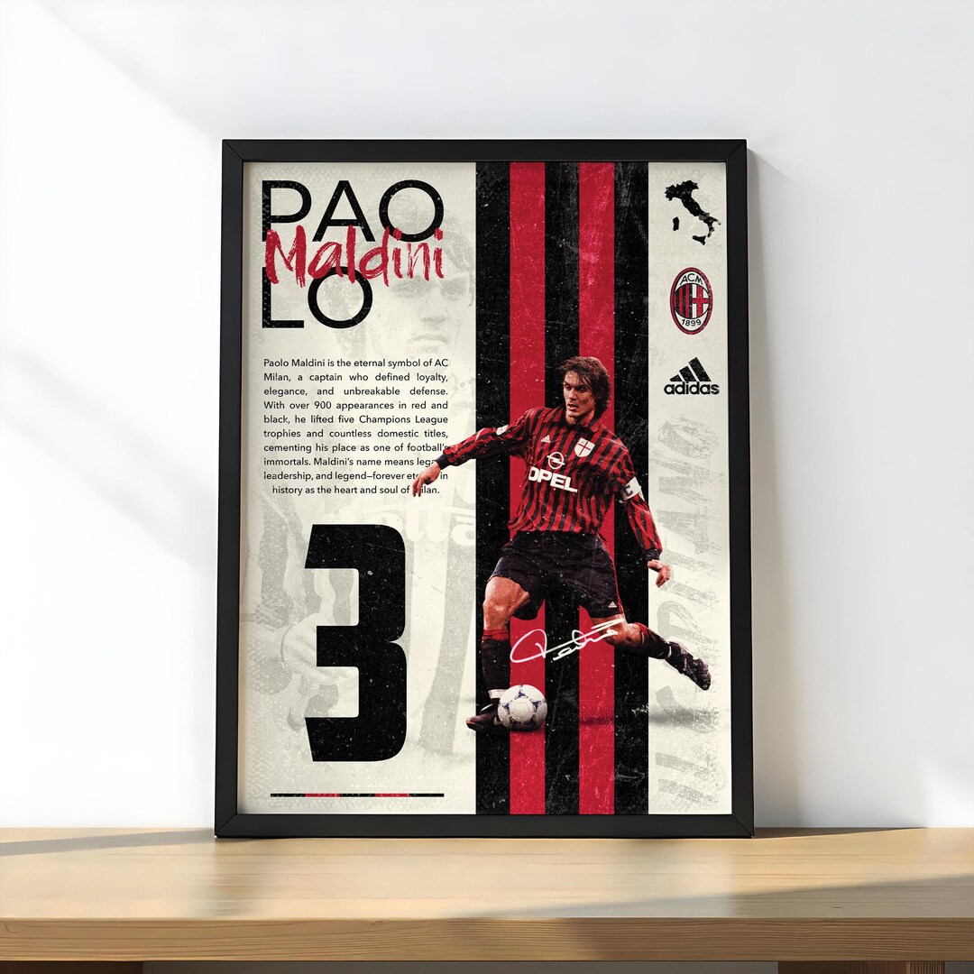 Paolo Maldini AC Milan Vintage Poster, Retro Football Wall Art, Italian ...