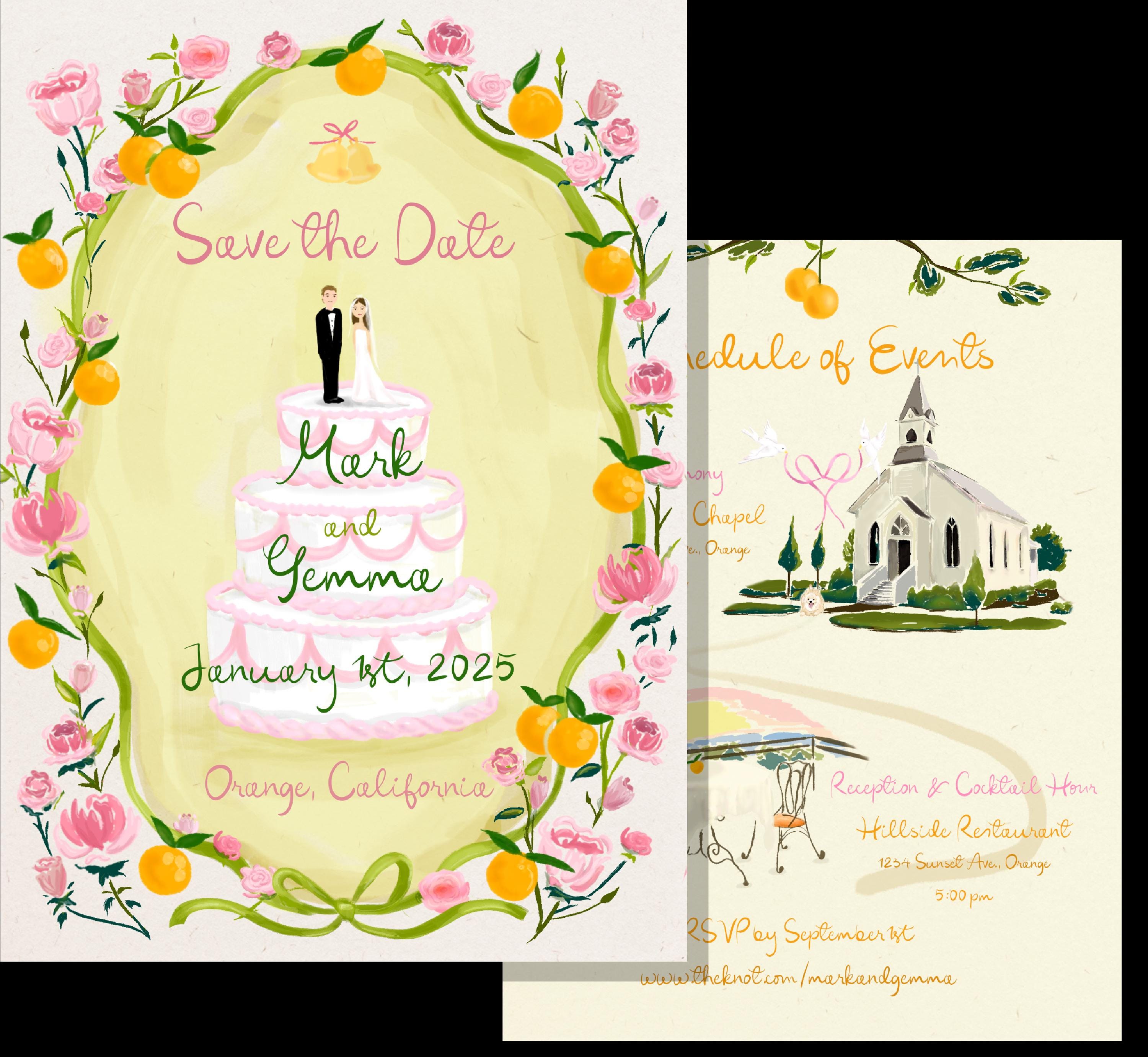 Custom Watercolor, Illustrated, Hand-drawn Wedding Invitation | Digital ...
