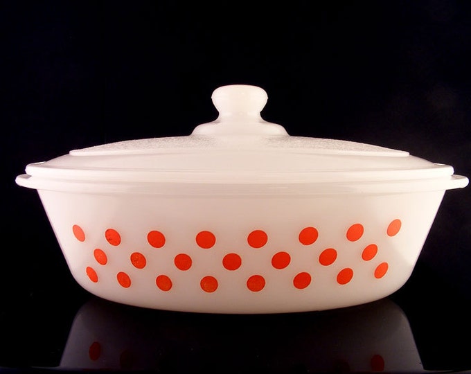 Glasbake Red Polka Dot Casserole Milk Glass Covered With Lid 1 QT J235 ...