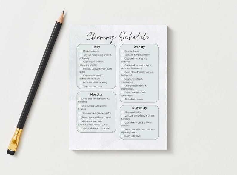 Printable Cleaning Schedule | Daily, Weekly, Bi-weekly & Monthly Task ...