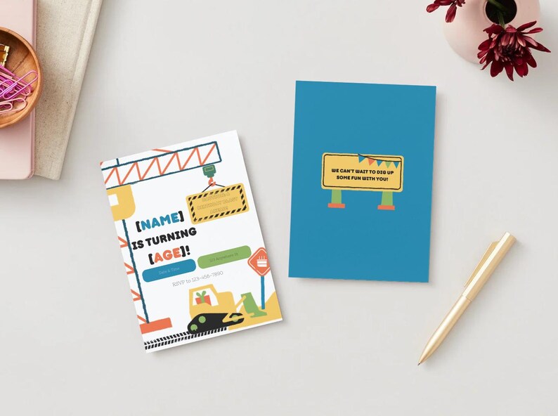 Construction-themed Birthday Invitation & Thank You Card Template ...