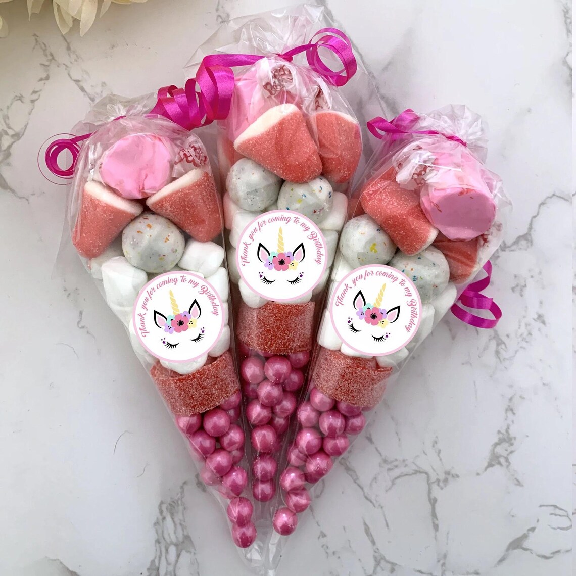 Set of 5 Unicorn Theme Favors, Custom Label Marshmallow Cones, Rainbow ...