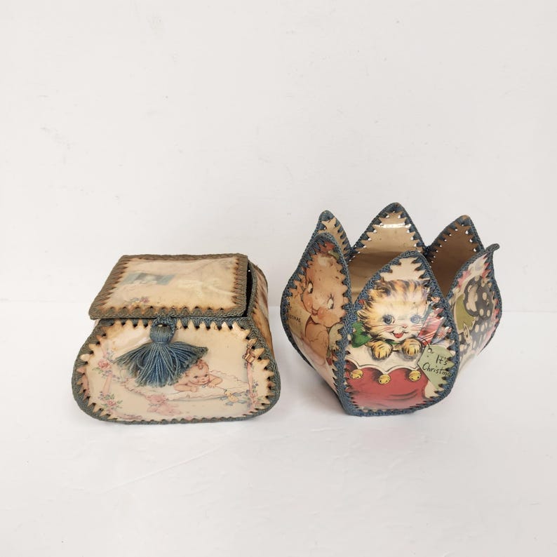 Vintage 1930's - 40's Laminated Hand Stitched Greeting Card Basket and ...