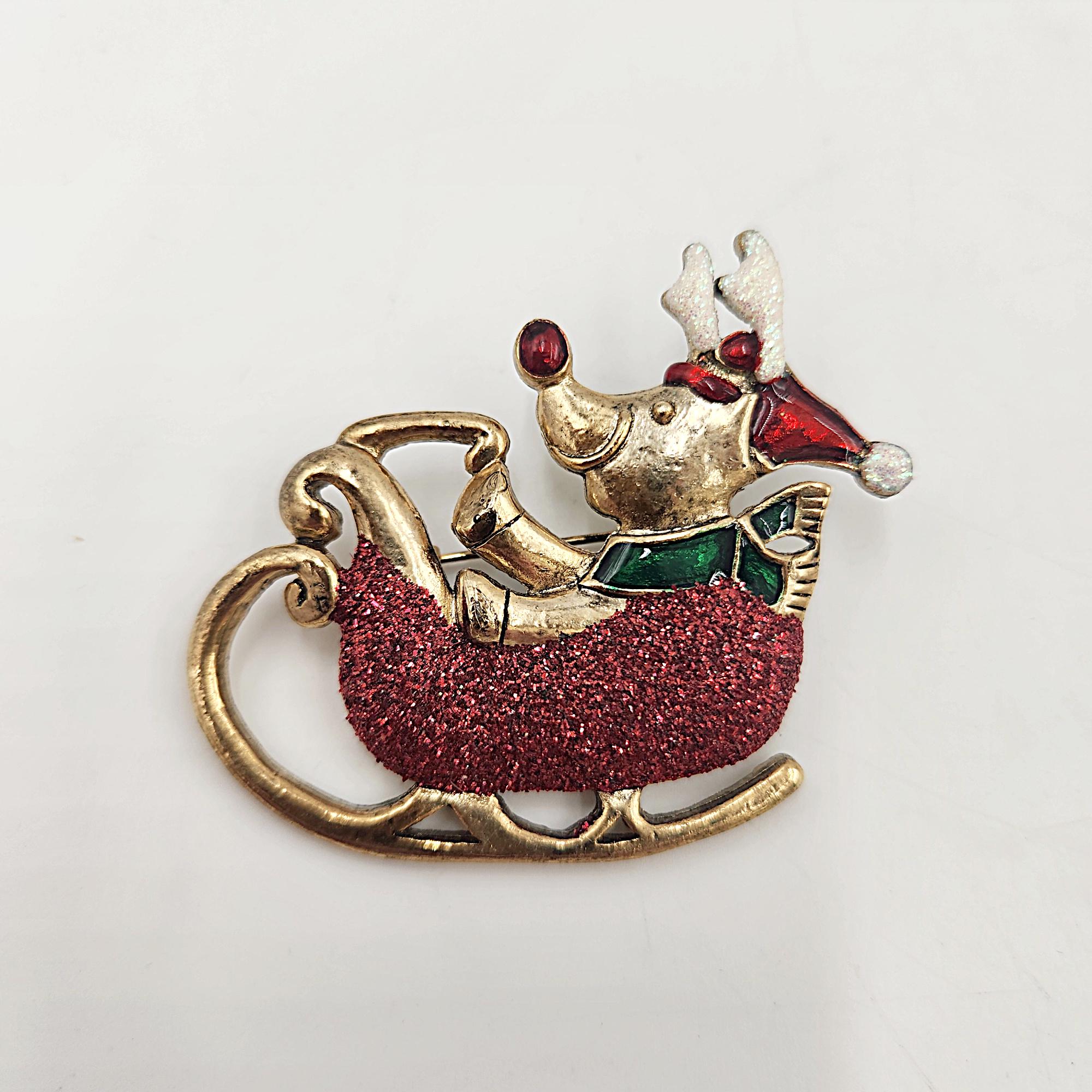 Vintage 1980's Pair of Gold Tone and Enamel Christmas Pins - Rudolph in ...
