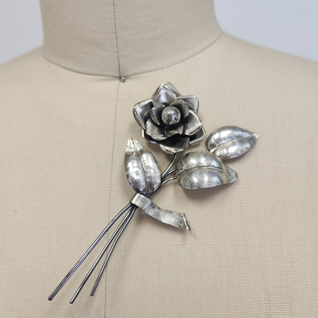 Vintage 1940's - 50's Sterling Silver Rose Pin or Broach - Etsy