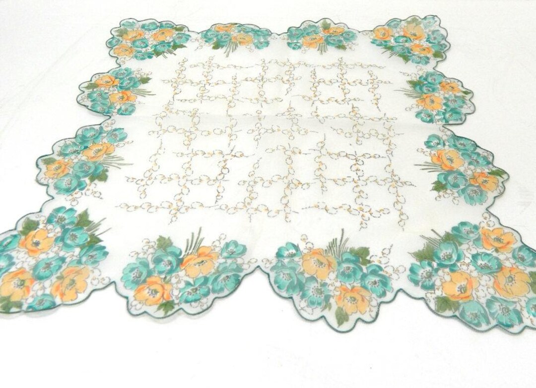 Vintage 1940s Handkerchief...sheer Blue Orange Flower Hankie...unique ...