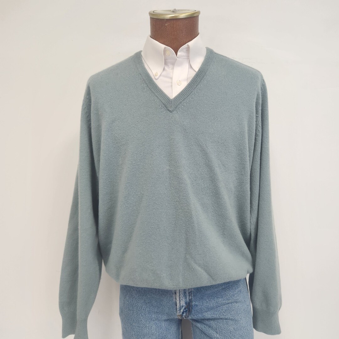 Vintage 1980's Men's 100% Cashmere Lands' End Dusty Green Large V-neck ...
