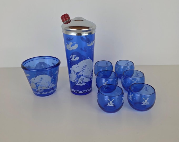 Vintage MCM Cobalt Blue Windmill Cocktail Set - 6 Glasses - Drink ...