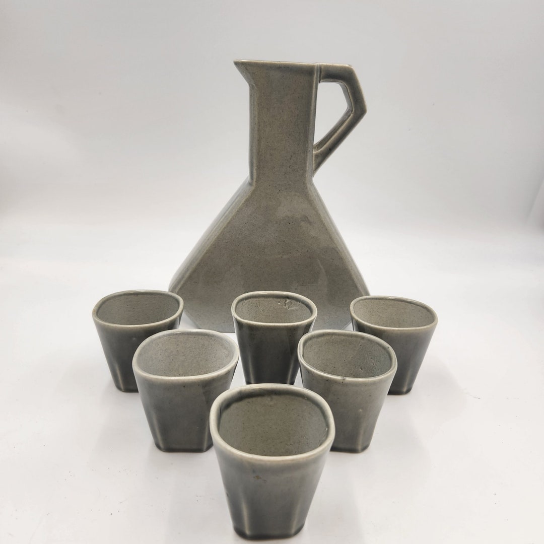 Vintage 1950's 7 Piece Gray Mid Mod Pottery Pitcher and 6 Glasses ...