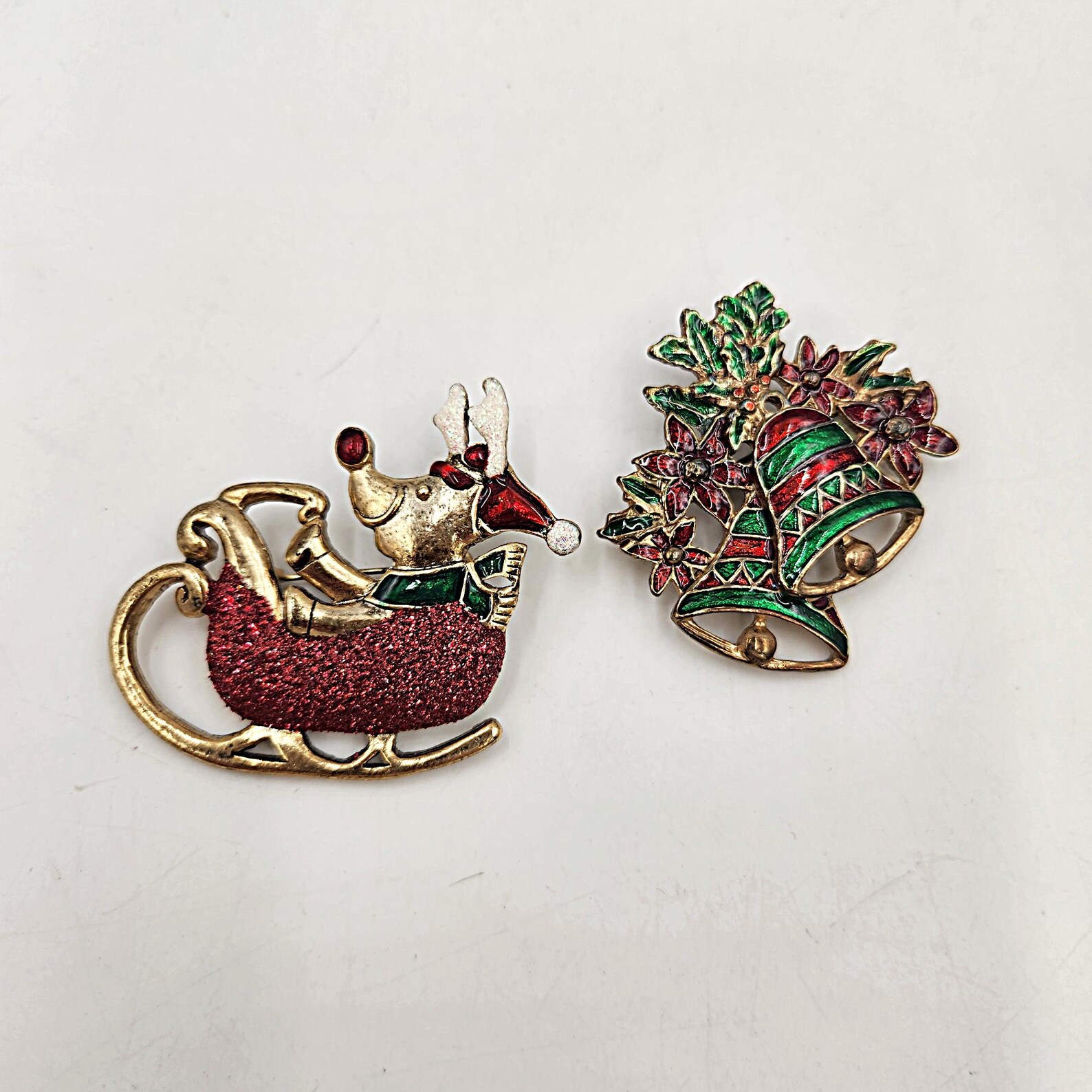 Vintage 1980's Pair of Gold Tone and Enamel Christmas Pins - Rudolph in ...